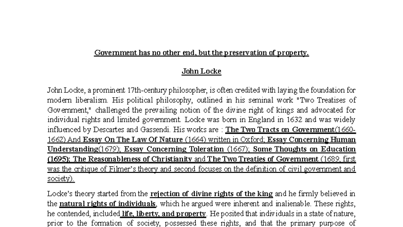 John Locke's Philosophy: Property Rights & Government Role - Studocu