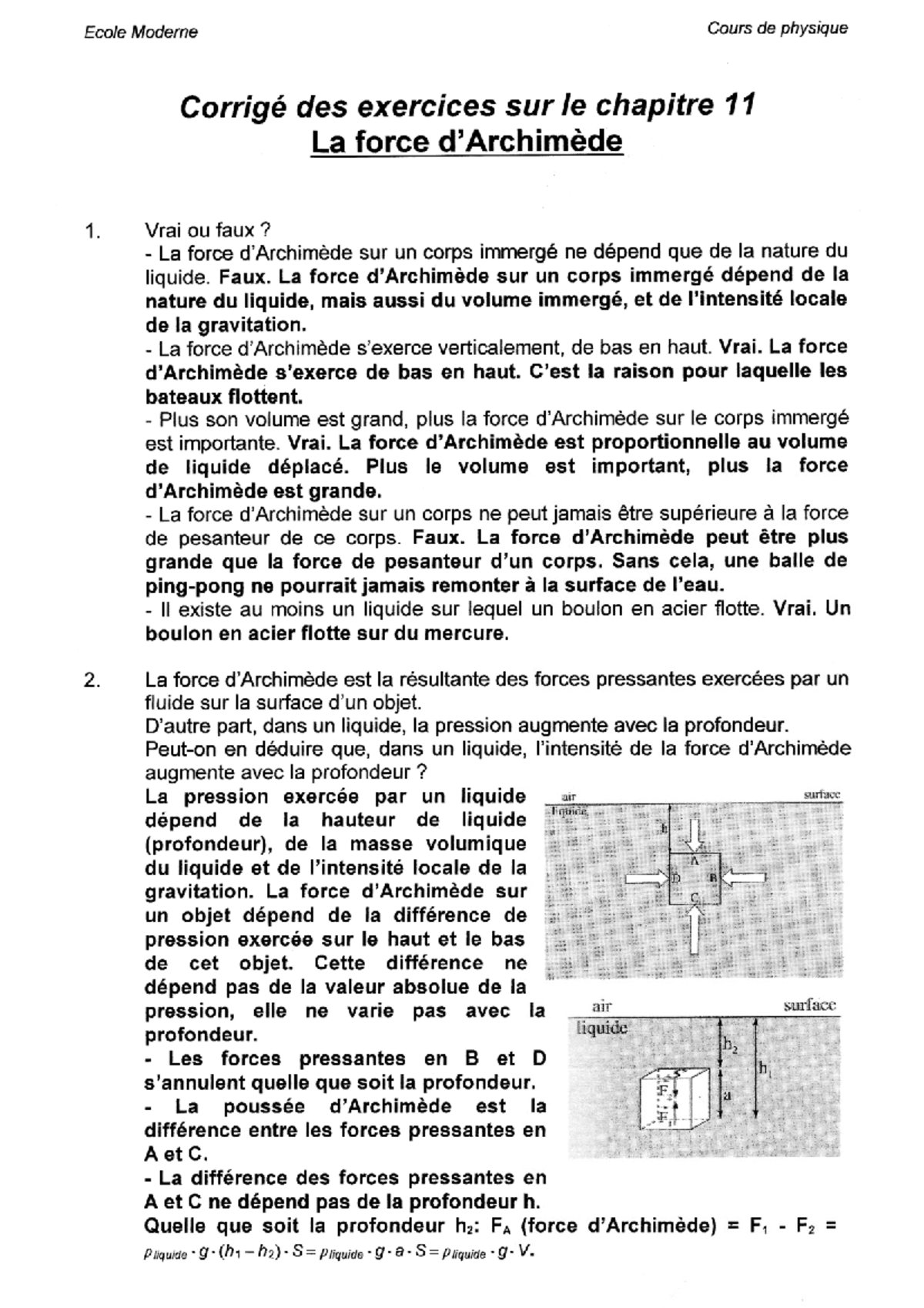 Exercices Corrigés sur la Poussée d'Archimède - 01 - Studocu