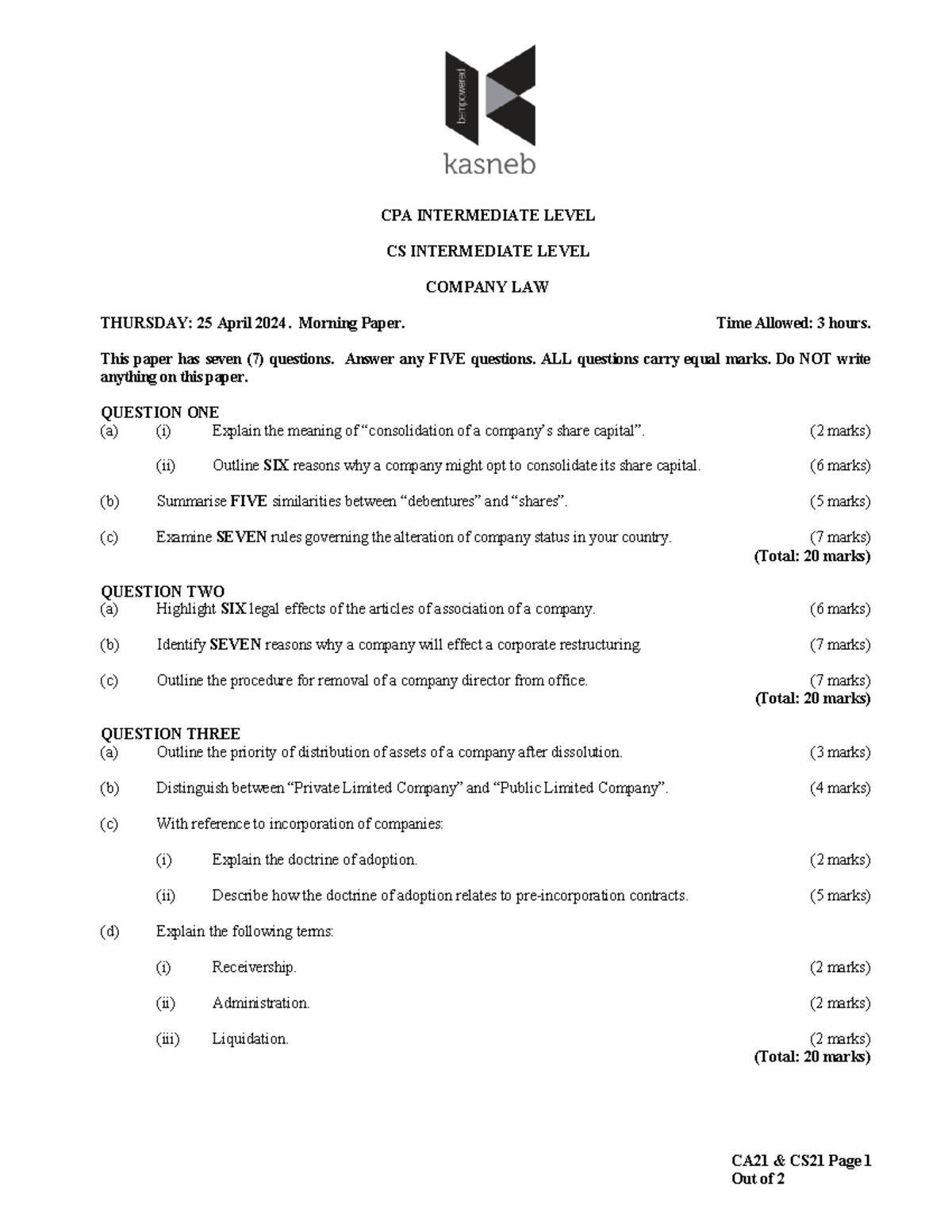 CPA Intermediate Level CS Intermediate Level Company Law Exam - 25 ...