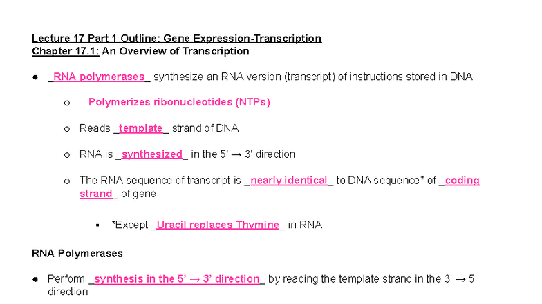 Lecture 17 Part 1: Overview of Gene Expression & RNA Transcription ...