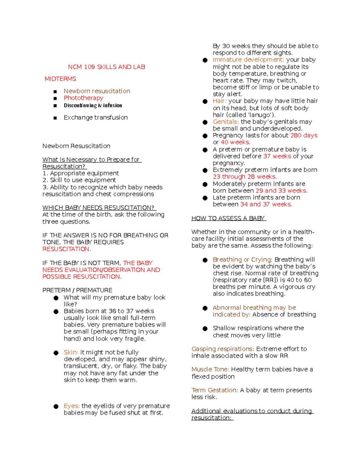 NCM 109 Skills Lab Midterm Reviewer: Newborn Care Techniques - Studocu