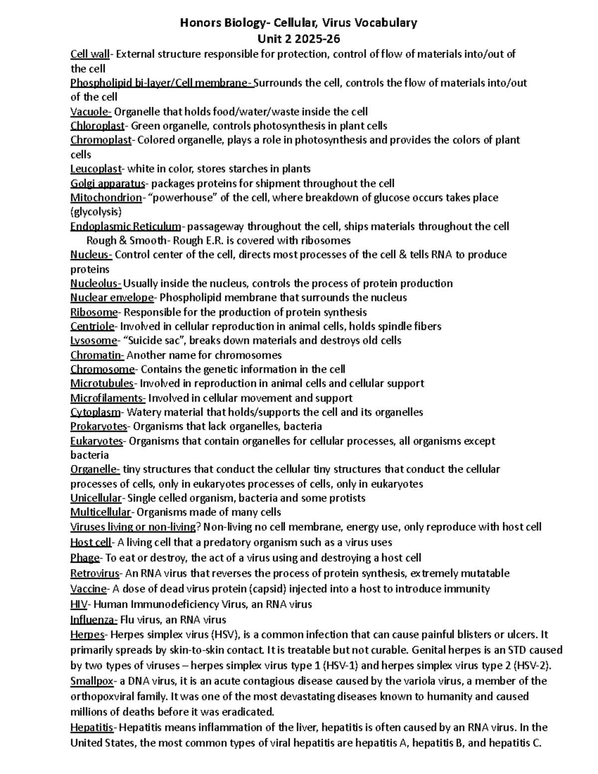Honors Biology Unit 2: Cell & Virus Vocabulary Definitions - Studocu