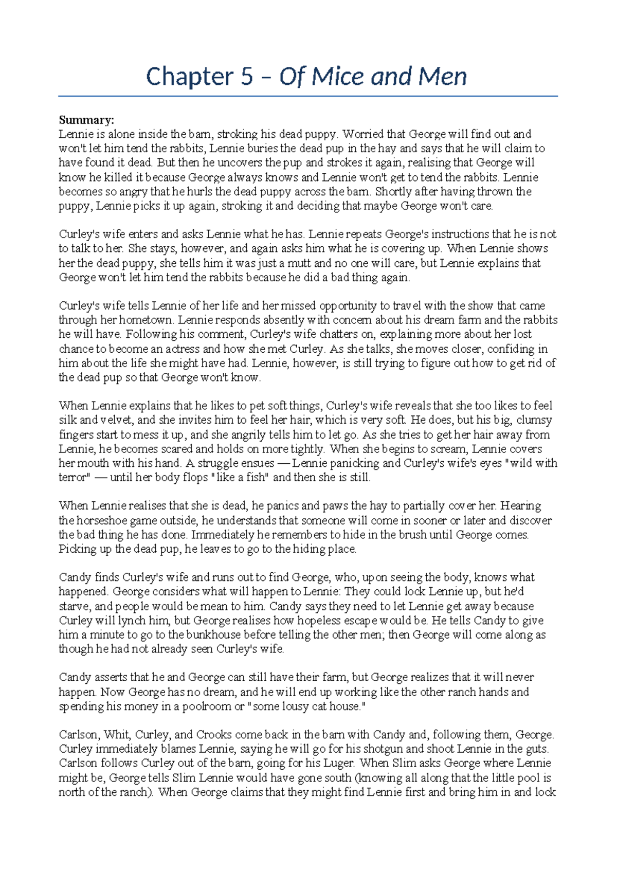 Chapter 5 Summary: Of Mice and Men - Lennie's Tragic Encounter - Studocu