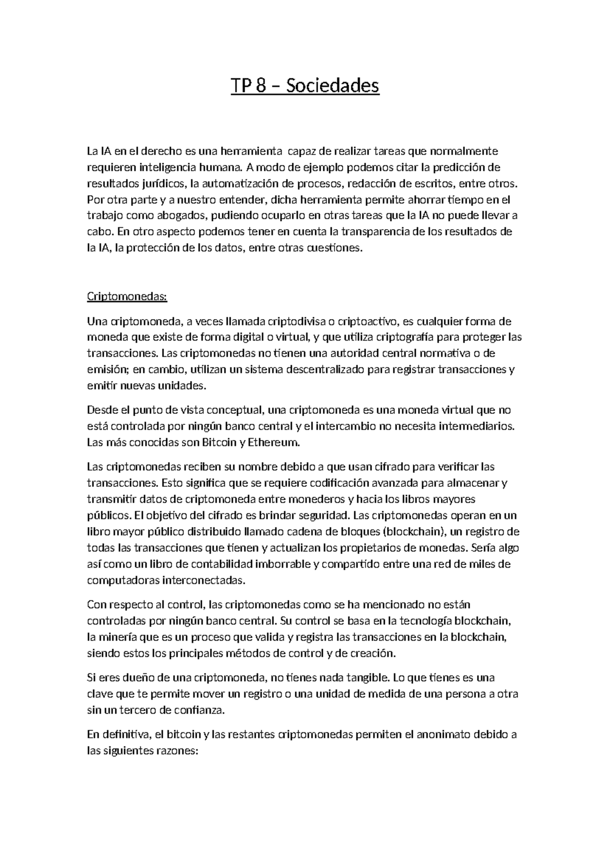 TP 8 - Sociedades: La IA y Criptomonedas en el Derecho Actual - Studocu