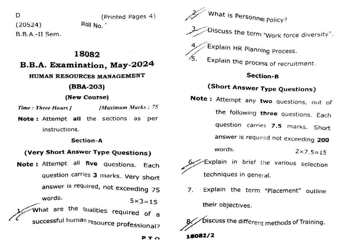 Bba 2 sem human resources management 18082 may 2024 - D (Printed Pages ...