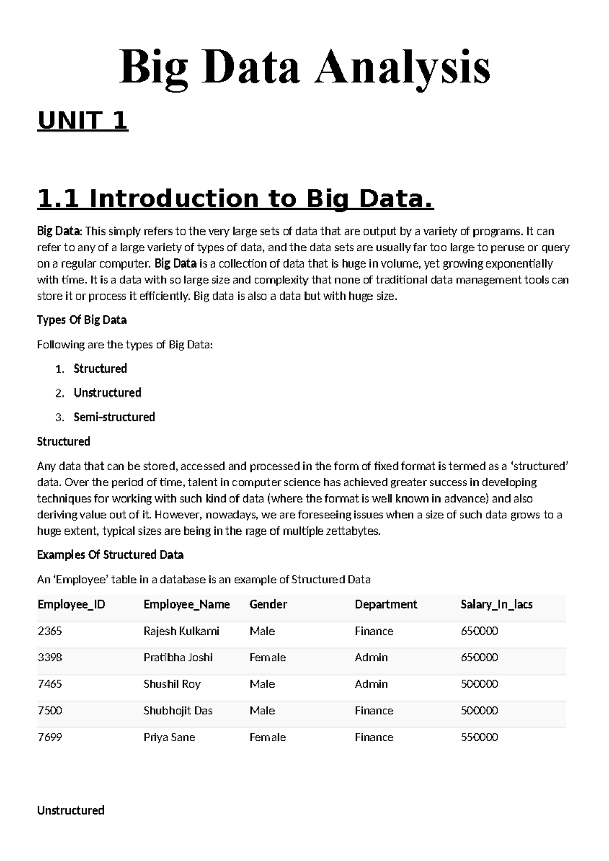 Big Data Analysis Notes - Big Data Analysis UNIT 1 1 Introduction to ...