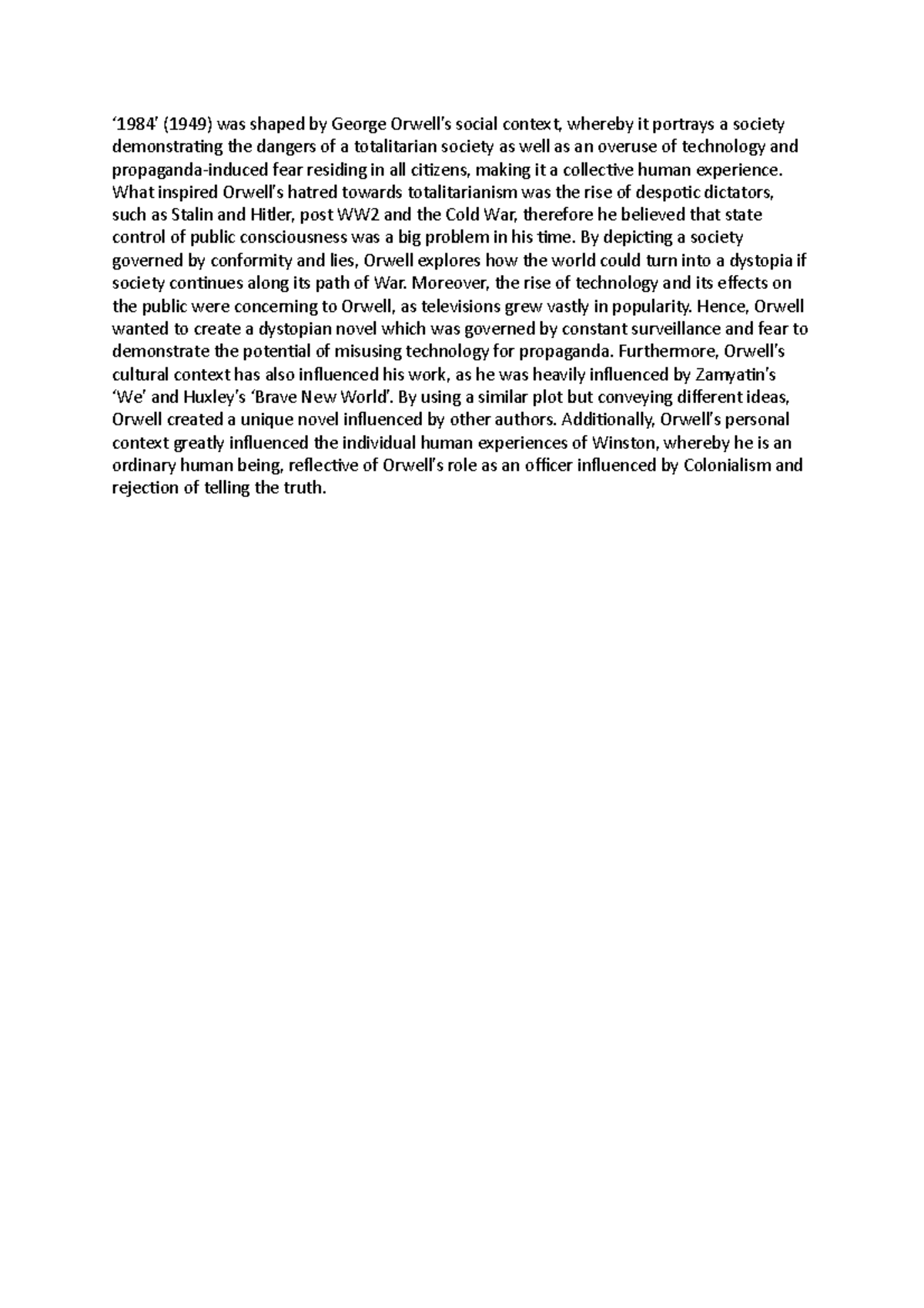1984 Context Analysis - Exploring Orwell's Dystopian Vision - Studocu