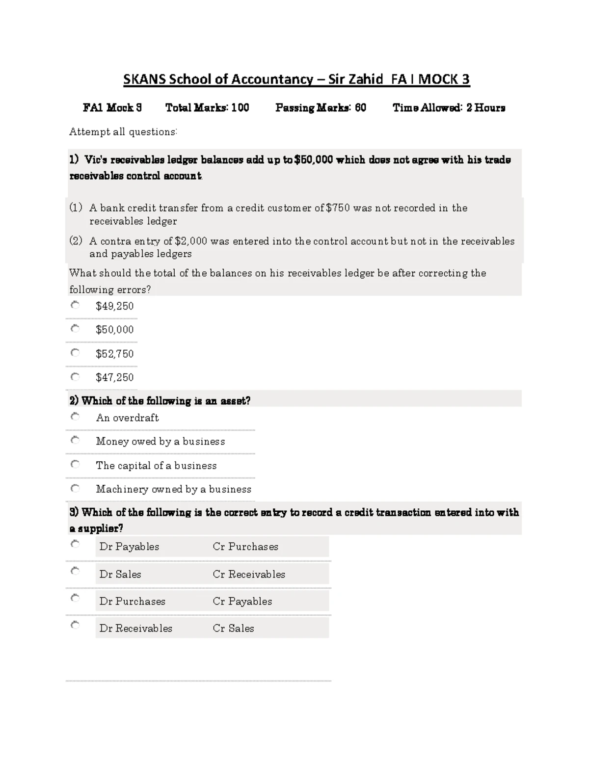 FA1 Mock 1 - FA1 - SKANS School of Accountancy – Sir Zahid FA I MOCK 1 ...