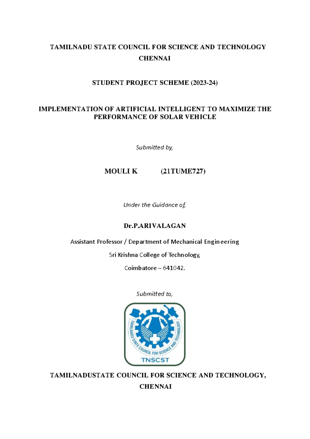 Student Project Proposal Submitted TO Tamilnadu State Council FOR ...