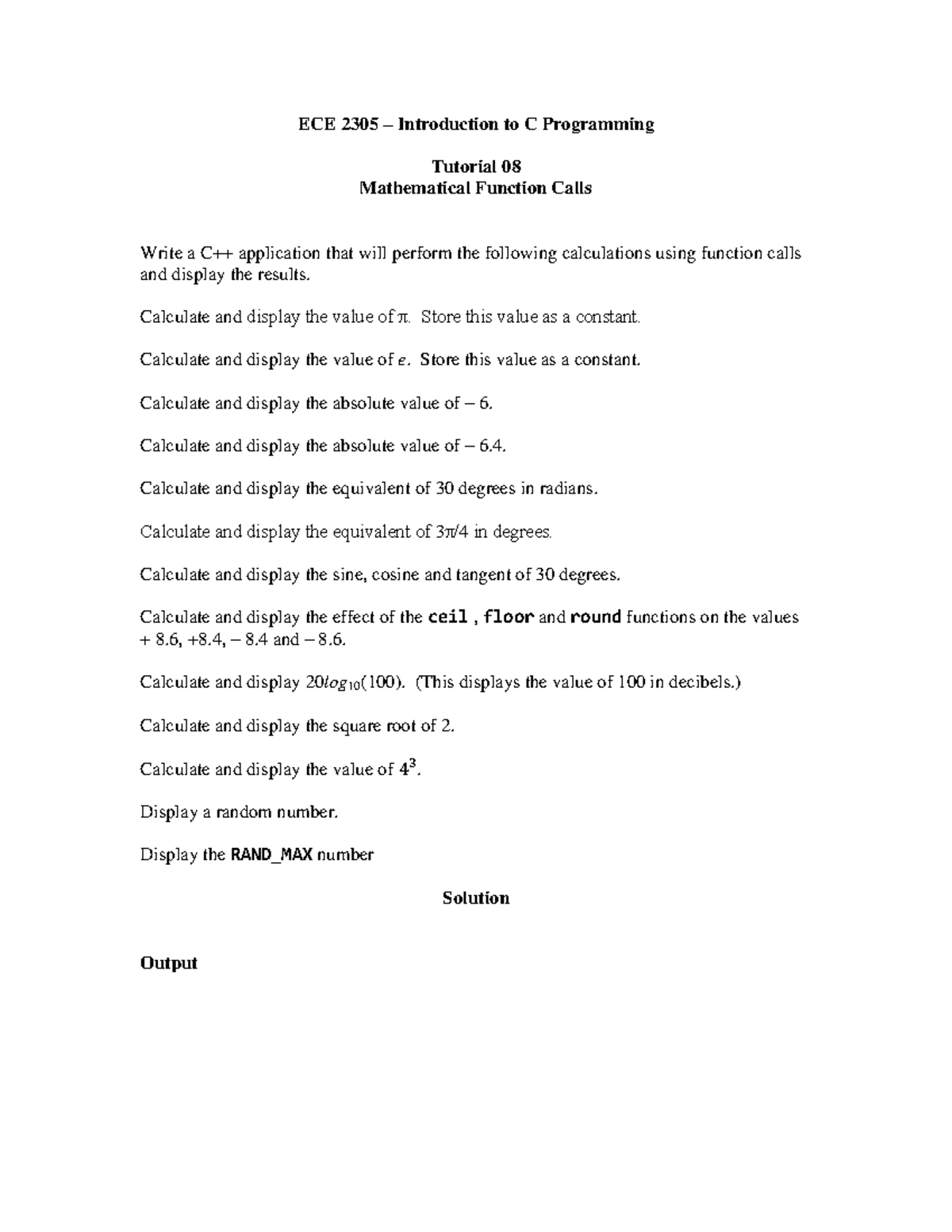 Ece 2305 Tutorial 08 Ece 2305 Introduction To C Programming Tutorial 08 Mathematical