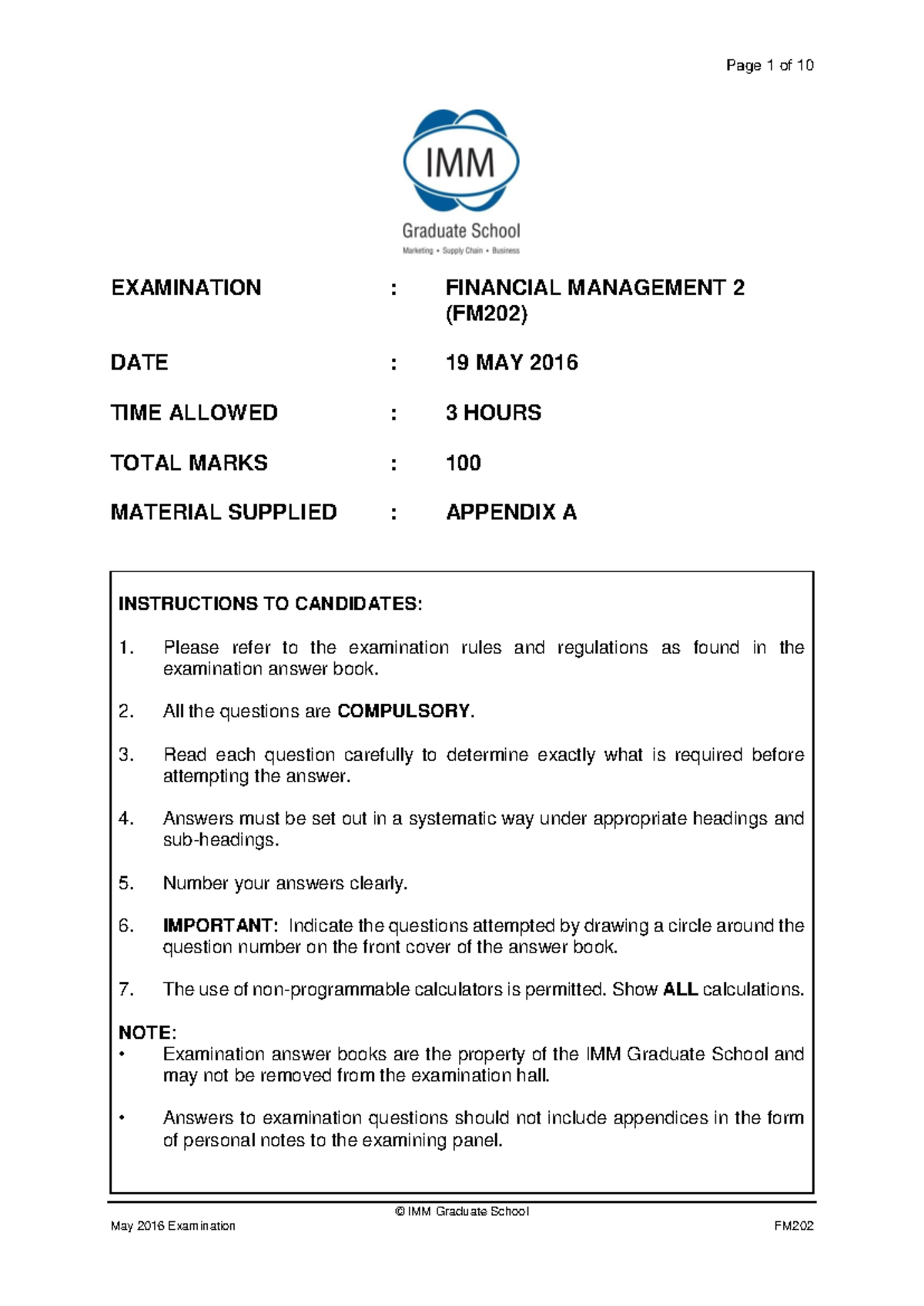 FM202 Final Exam: Financial Management 2 - May 2016 Questions and ...