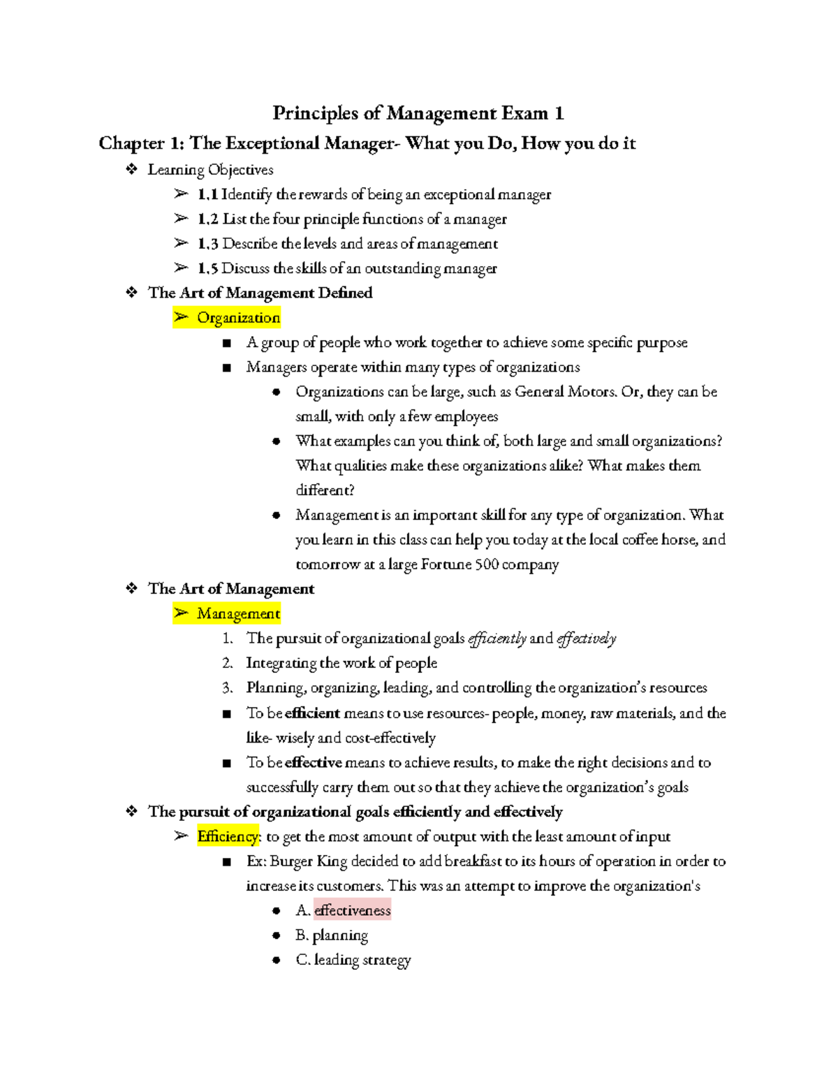 MGT 2010 Principles of Management Exam 1 Comprehensive Notes - Studocu