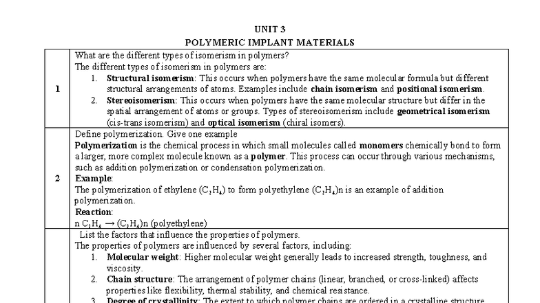 Unit 3: Isomerism and Properties of Polymeric Implant Materials - Studocu