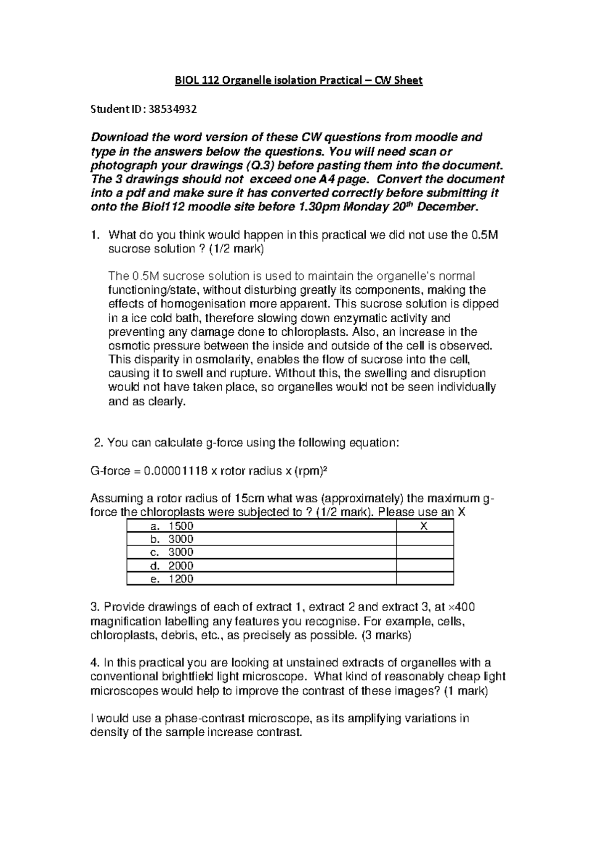 BIOL112 Practical 2 Final Exam: Organelle Isolation CW Sheet - Studocu