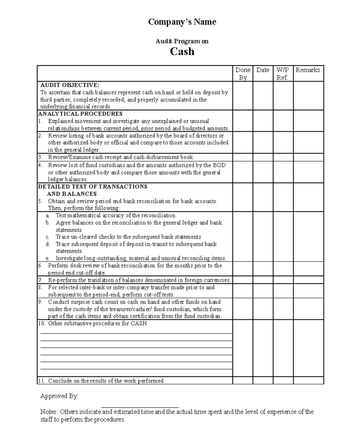 236014695 Audit Program Cash - module 2 - Company’s Name Audit Program ...