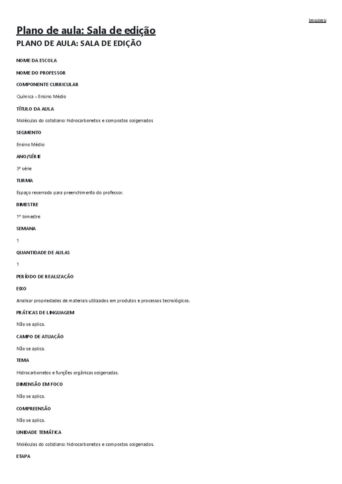 Plano de Aula: Hidrocarbonetos e Compostos Oxigenados - Química 3ª ...