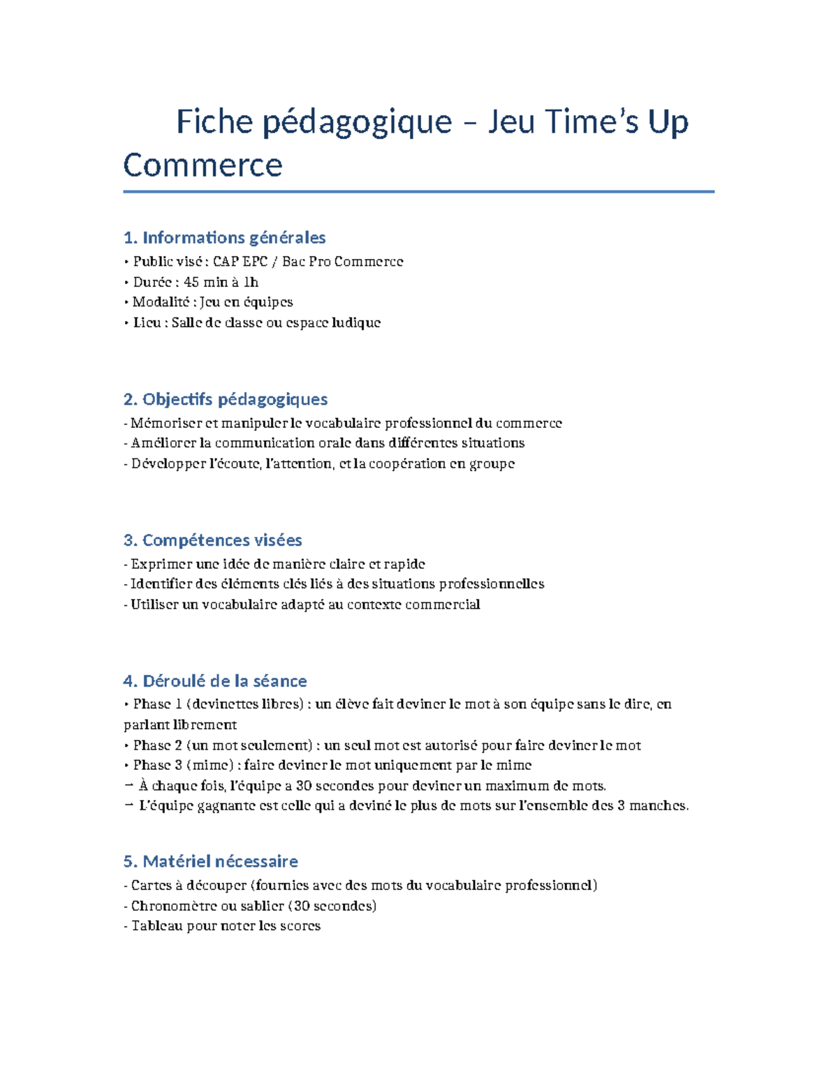 Fiche Pédagogique: Jeu Time's Up Commerce (CAP EPC Bac Pro) - Studocu