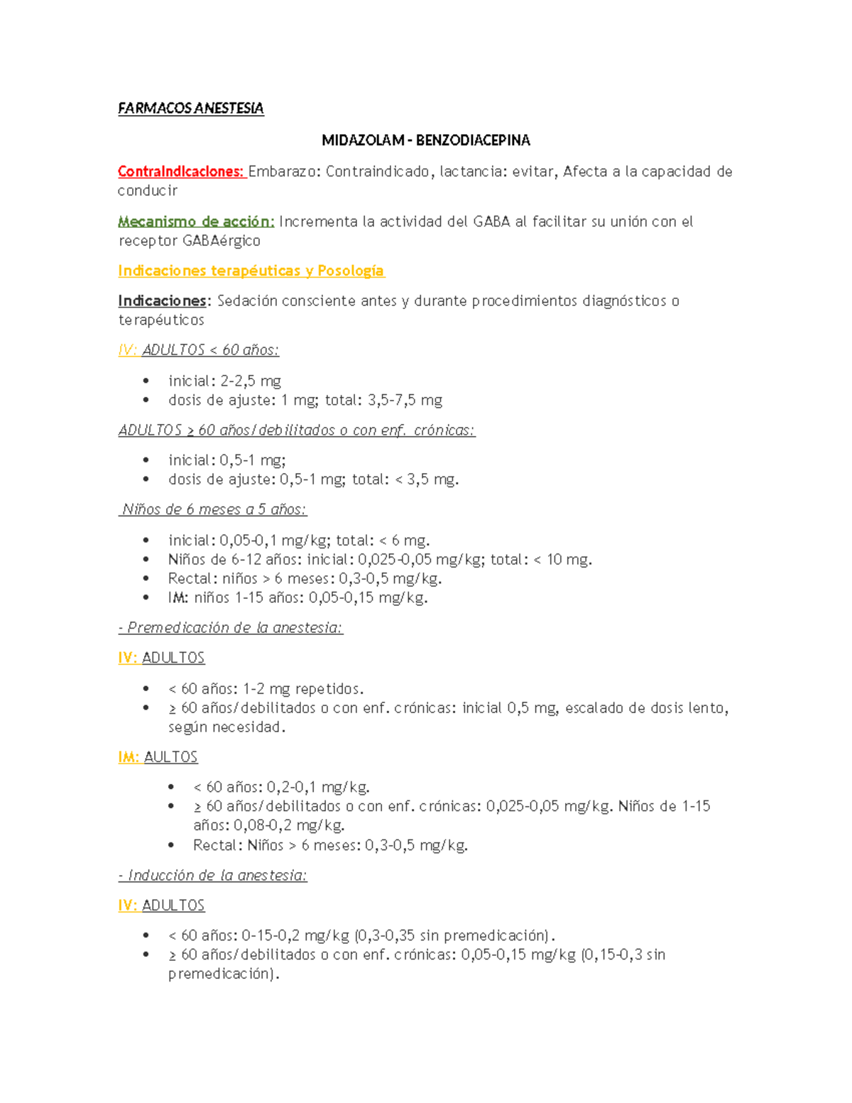 FARMACOS ANESTESIA: MIDAZOLAM, FENTANILO, KETAMINA Y MÁS - Studocu