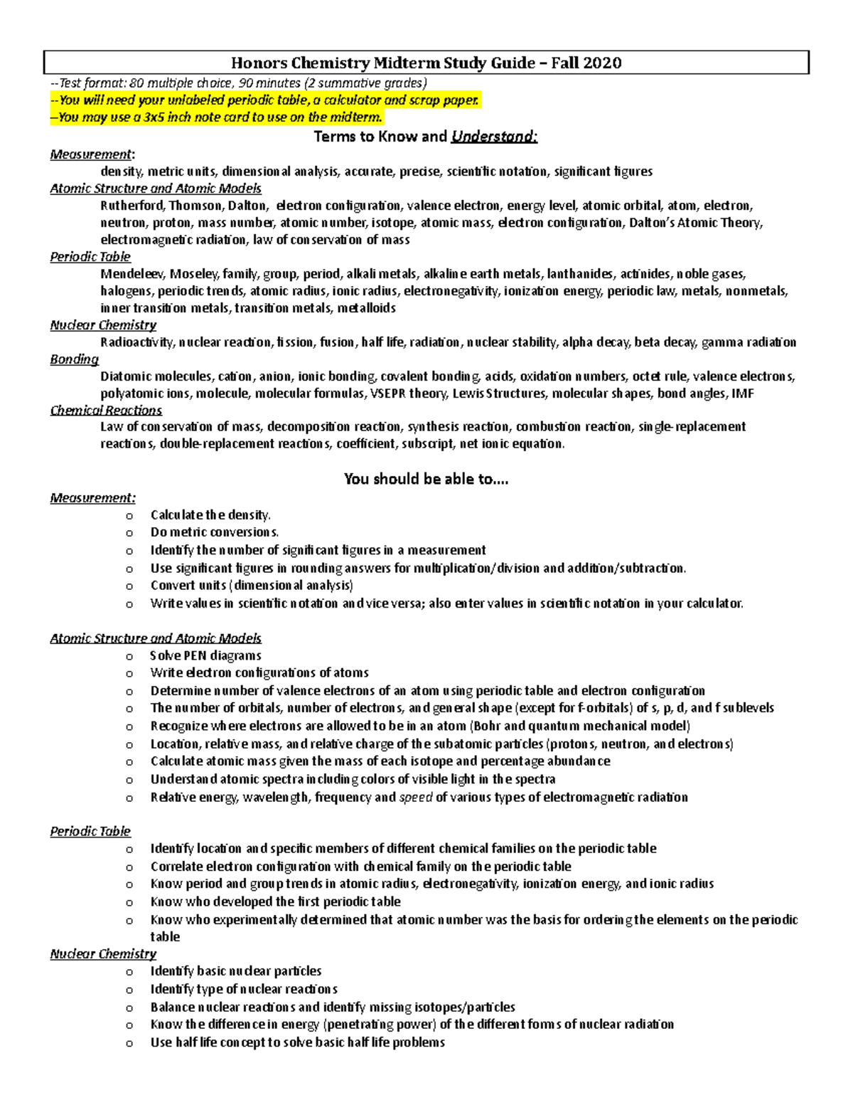 FVA Midterm Study Guide 2020 - Honors Chemistry Midterm Study Guide ...
