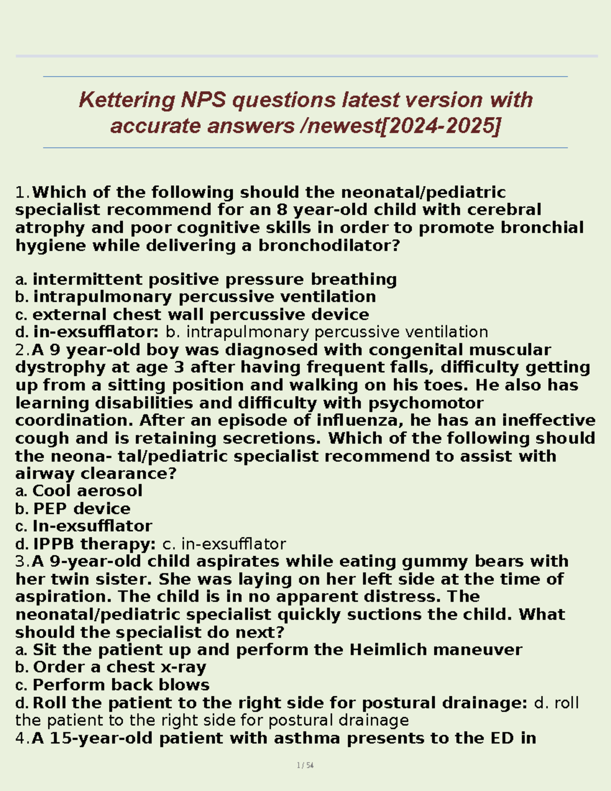 Kettering NPS Exam Questions & Answers: Pediatric Respiratory Care ...