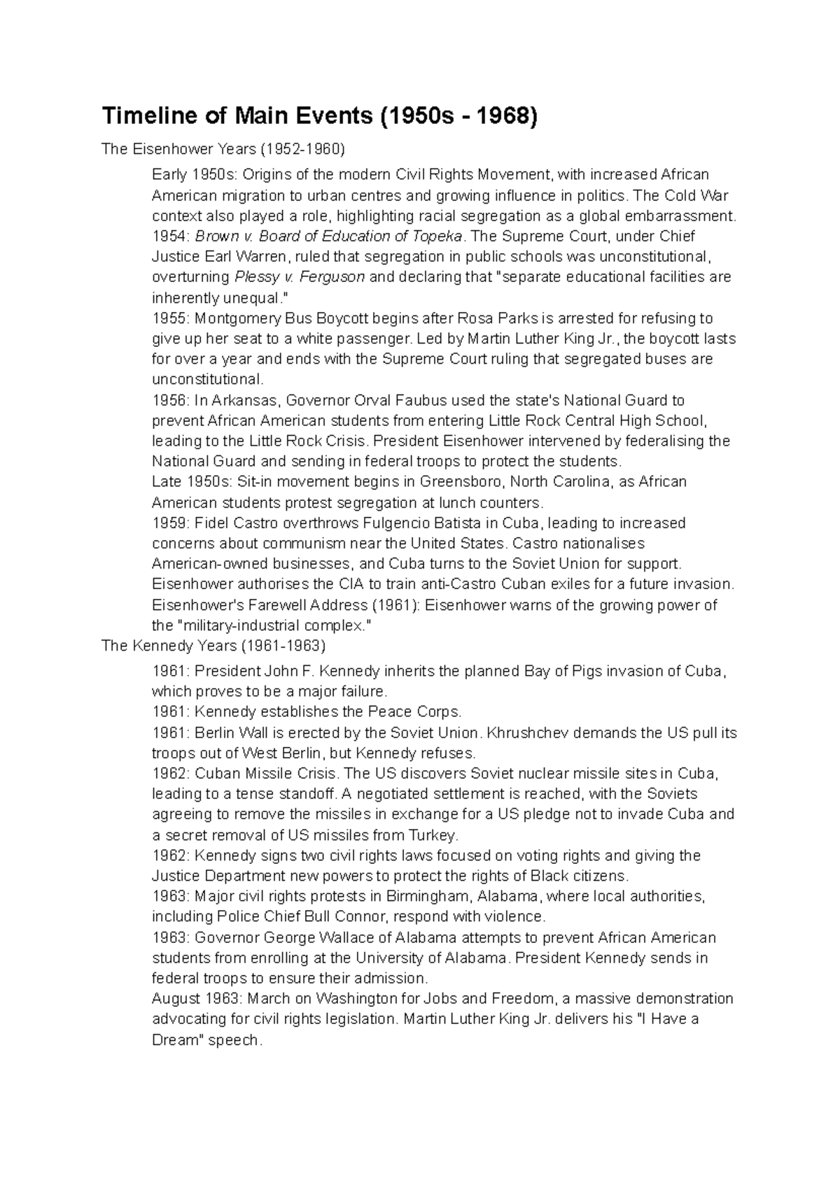 Timeline of Key Civil Rights Events (1950s-1968) - Amsco 28 - Studocu