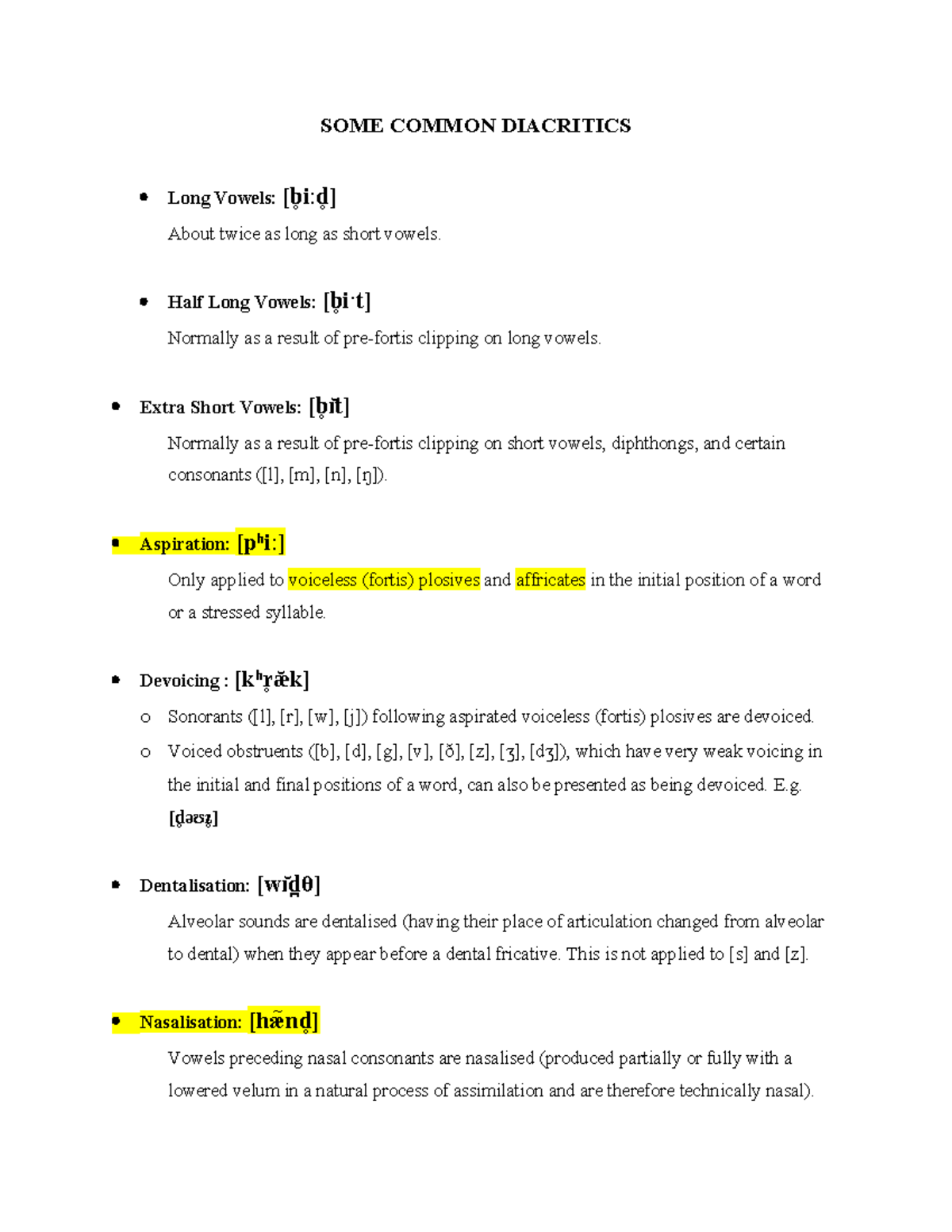 M4 Some Common Diacritics - SOME COMMON DIACRITICS Long Vowels: [ ib̥ ...