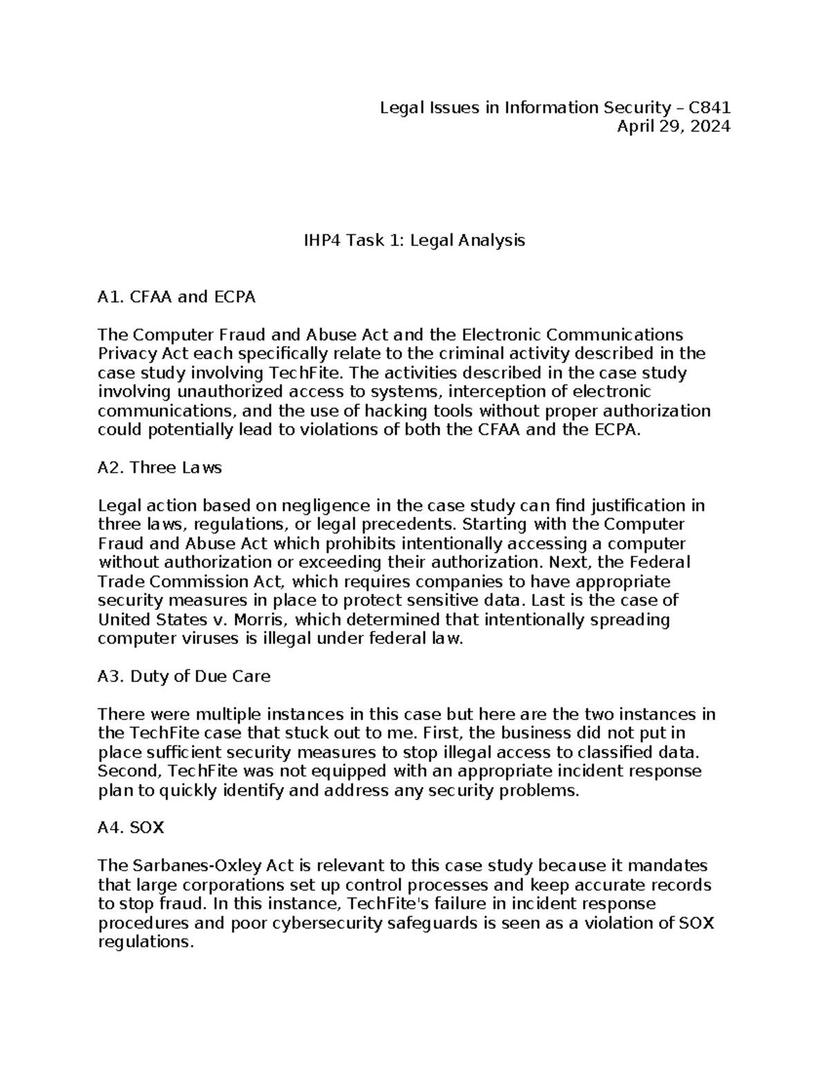Legal Issues in Information Security C841 - IHP4 Task 1 Analysis - Studocu