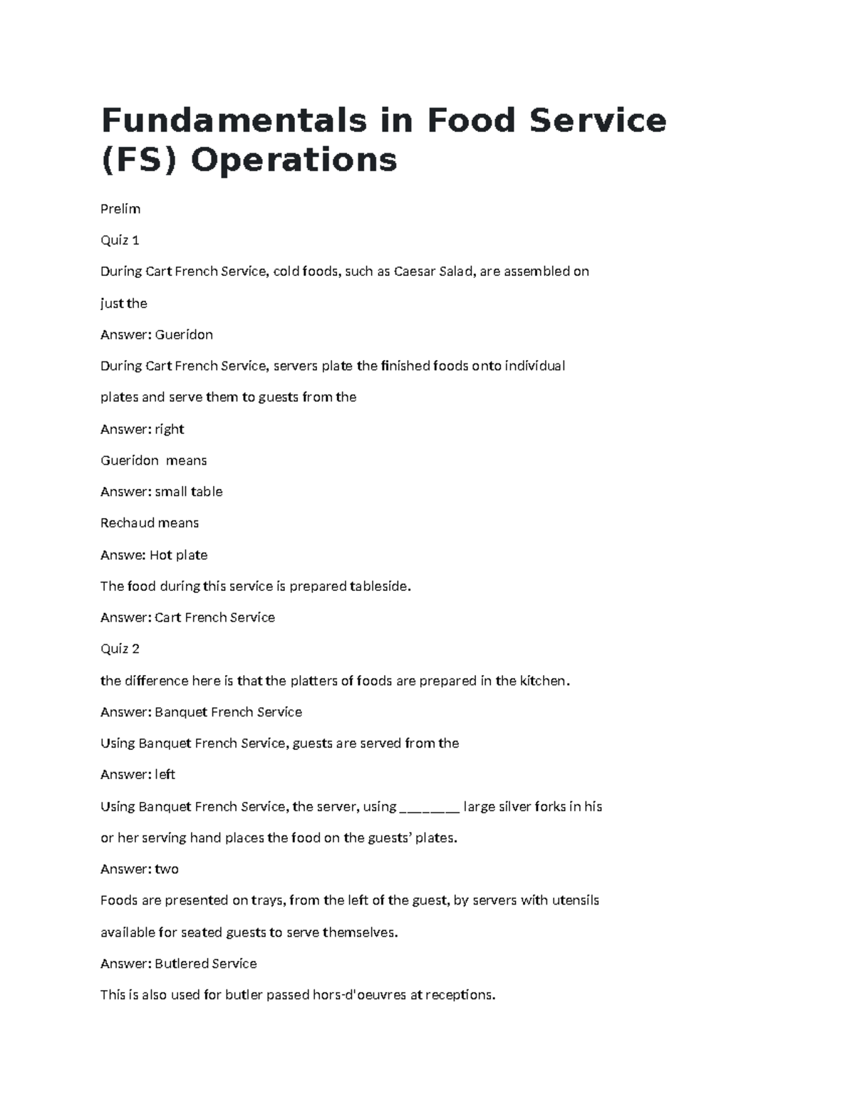 FS Midterm & Final Exam Quiz Notes on Food Service Fundamentals - Studocu