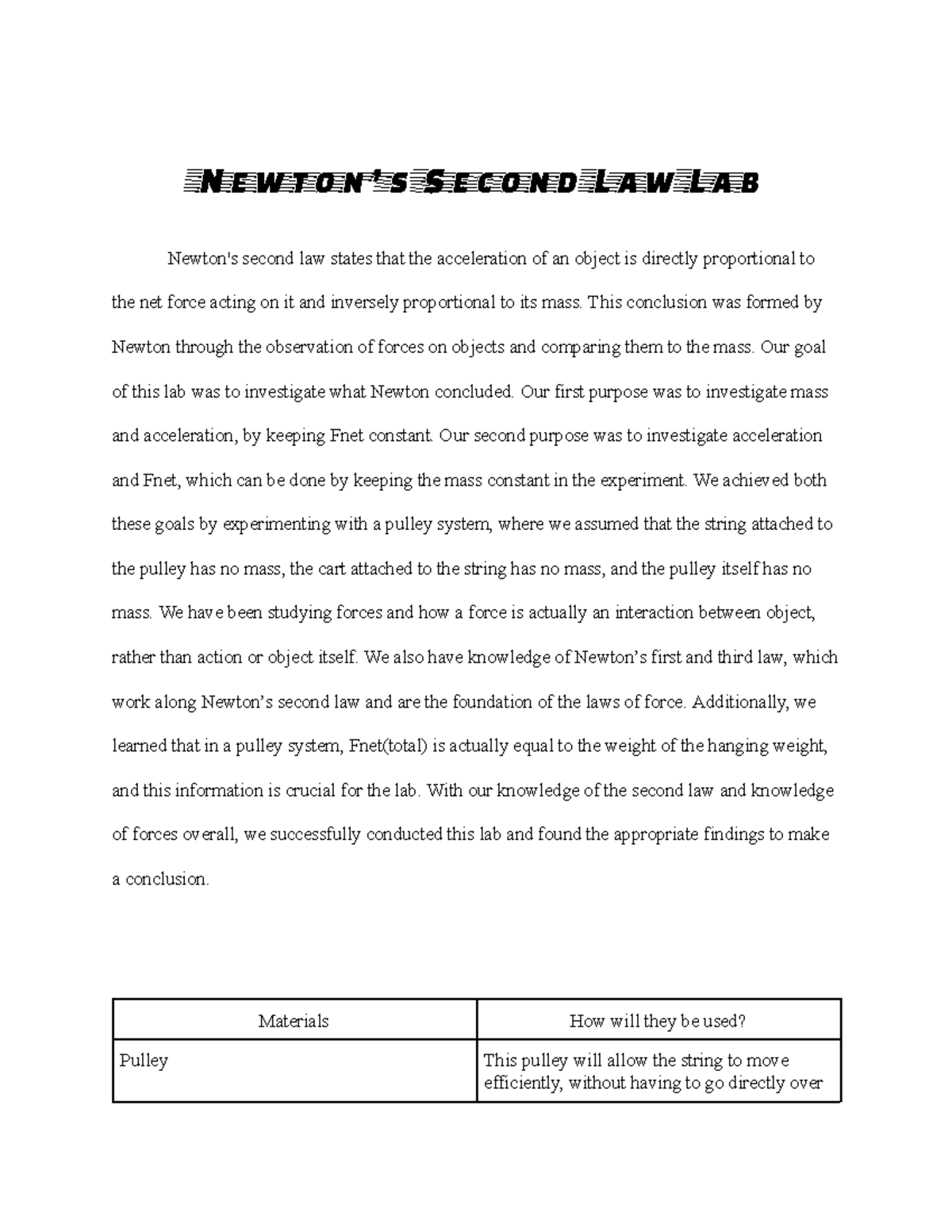 Newton's Second Law - Lab Report and Analysis (Physics 101) - Studocu