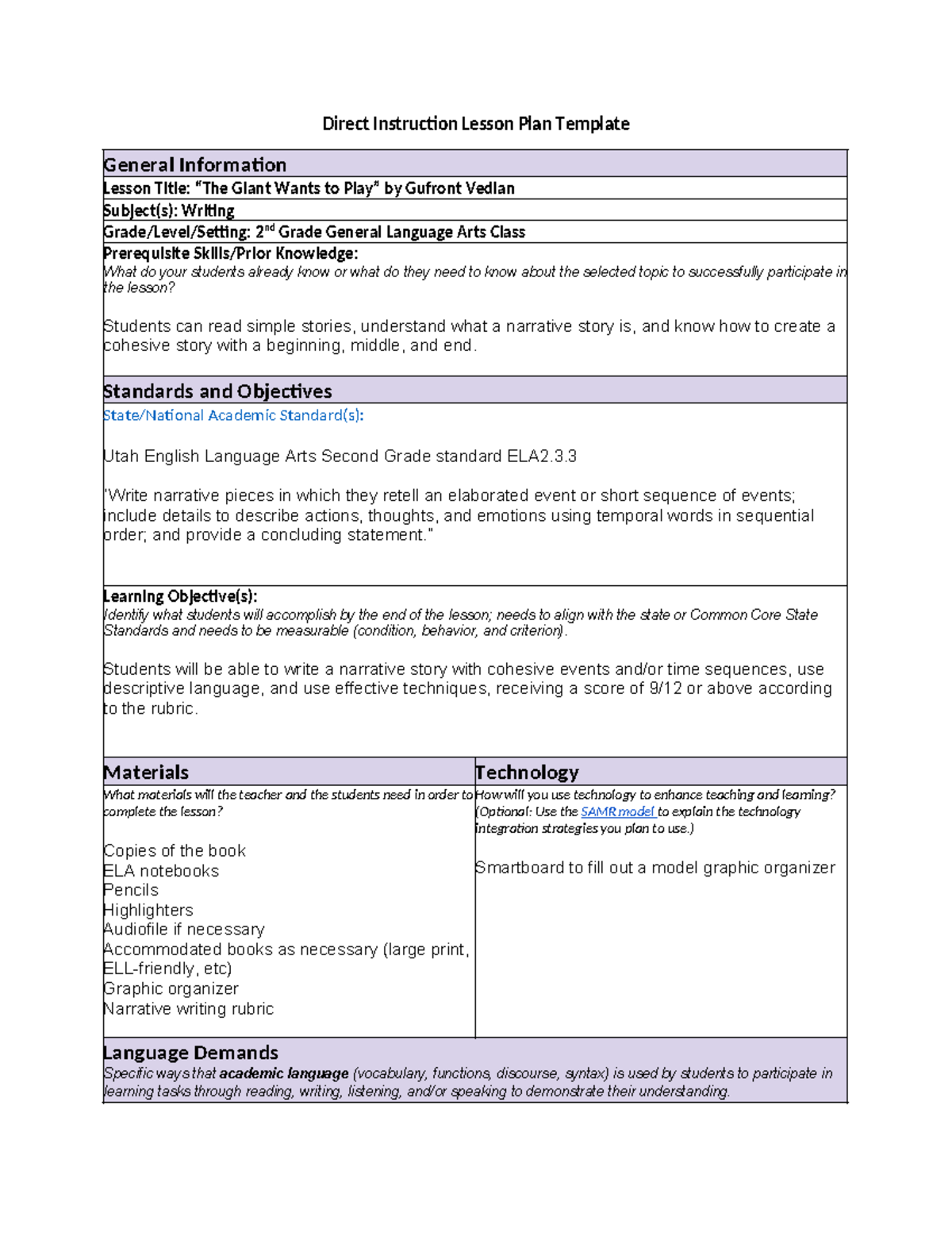 LTM3 C380 Lesson Plan: "The Giant Wants to Play" Narrative Writing ...