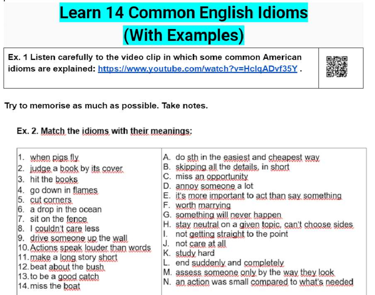 Common English Idioms Practice Exercises - Exercise Guide - Studocu