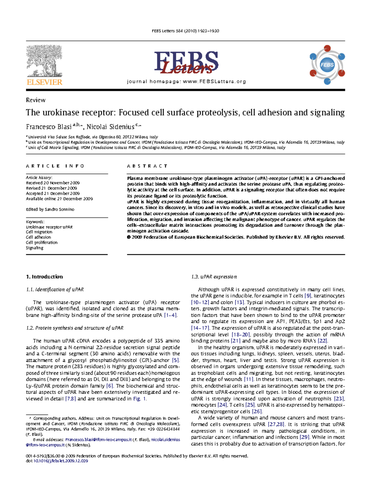 FEBS Letters 584 (2010): The Urokinase Receptor in Cell Signaling and ...