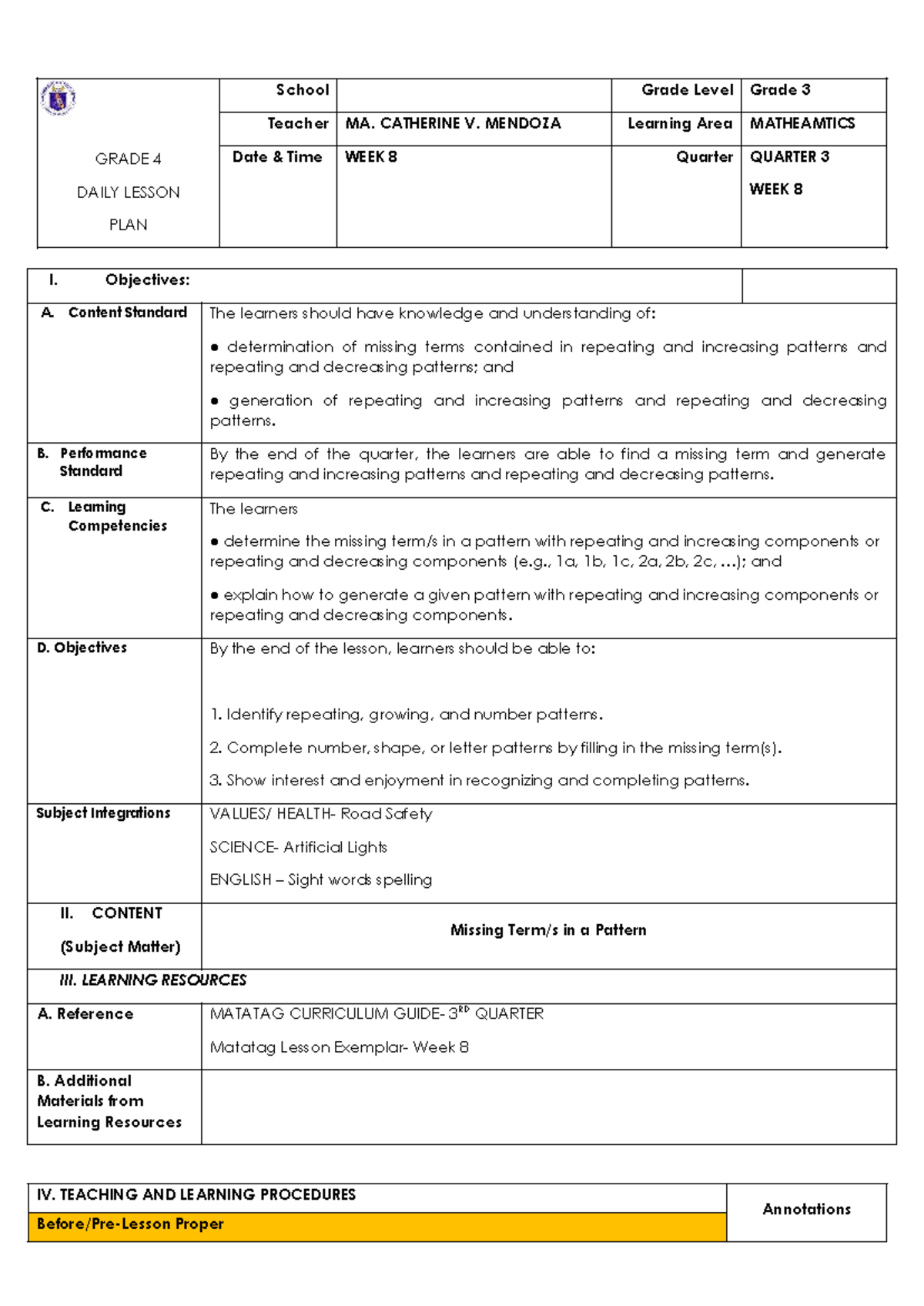 WEEK 8 MATH LESSON PLAN: Patterns for CO3rd Quarter - Studocu