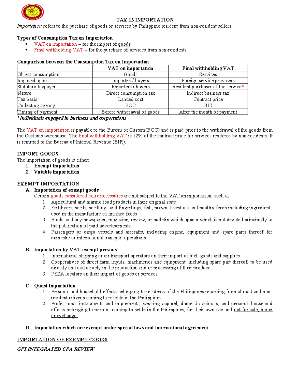 TAX 13: Comprehensive Guide to Importation and VAT Regulations - Studocu