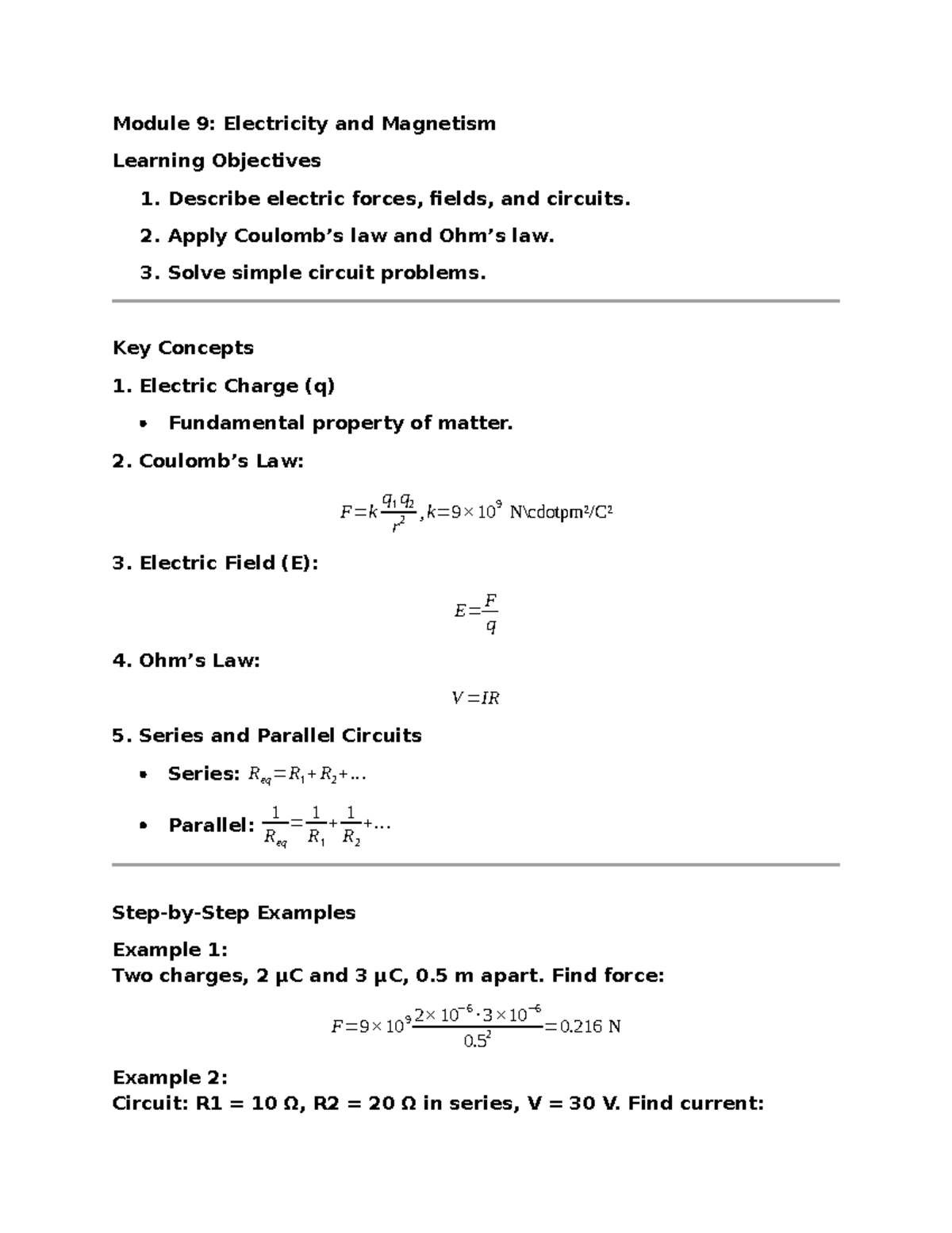 Module 9: Electricity and Magnetism - Learning Objectives & Key ...