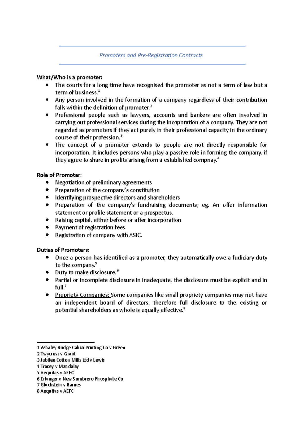 Promoters and Pre-registration Contracts Overview for Law 101 - Studocu