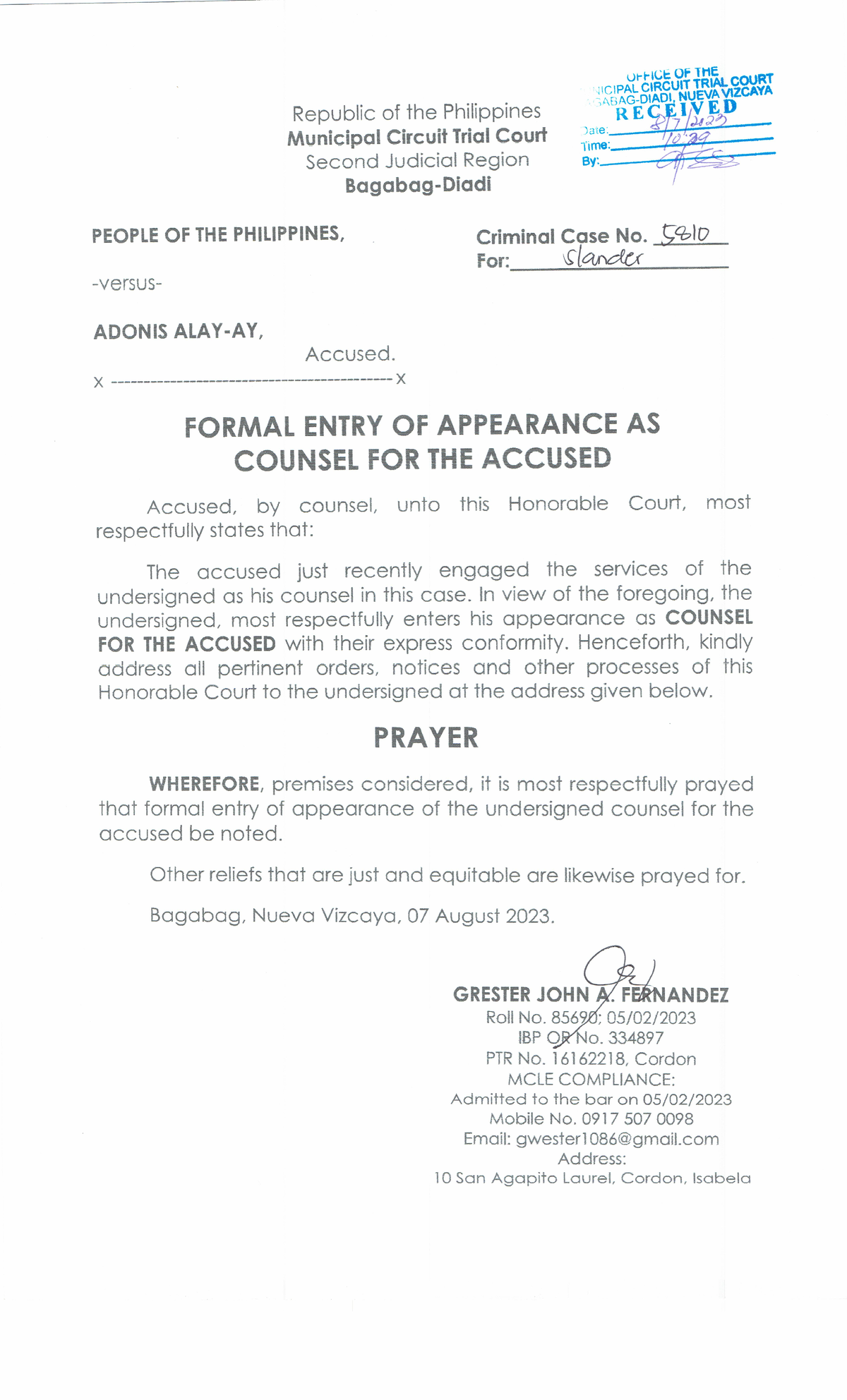 Formal Entry of Appearance in Court Proceedings - Studocu