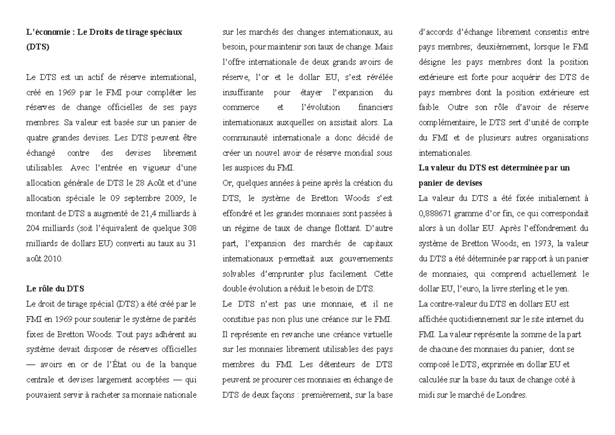 Droit de Tirage Spécial (DTS) et Marchés des Changes Internationaux - Studocu