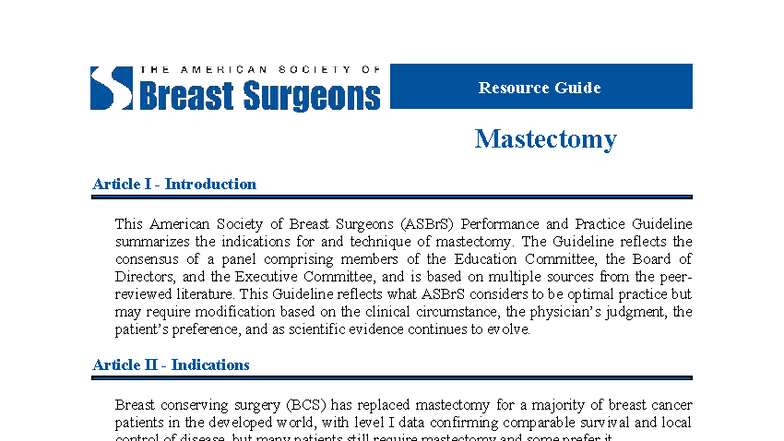 ASBrS Mastectomy Guidelines: Indications and Techniques - Studocu