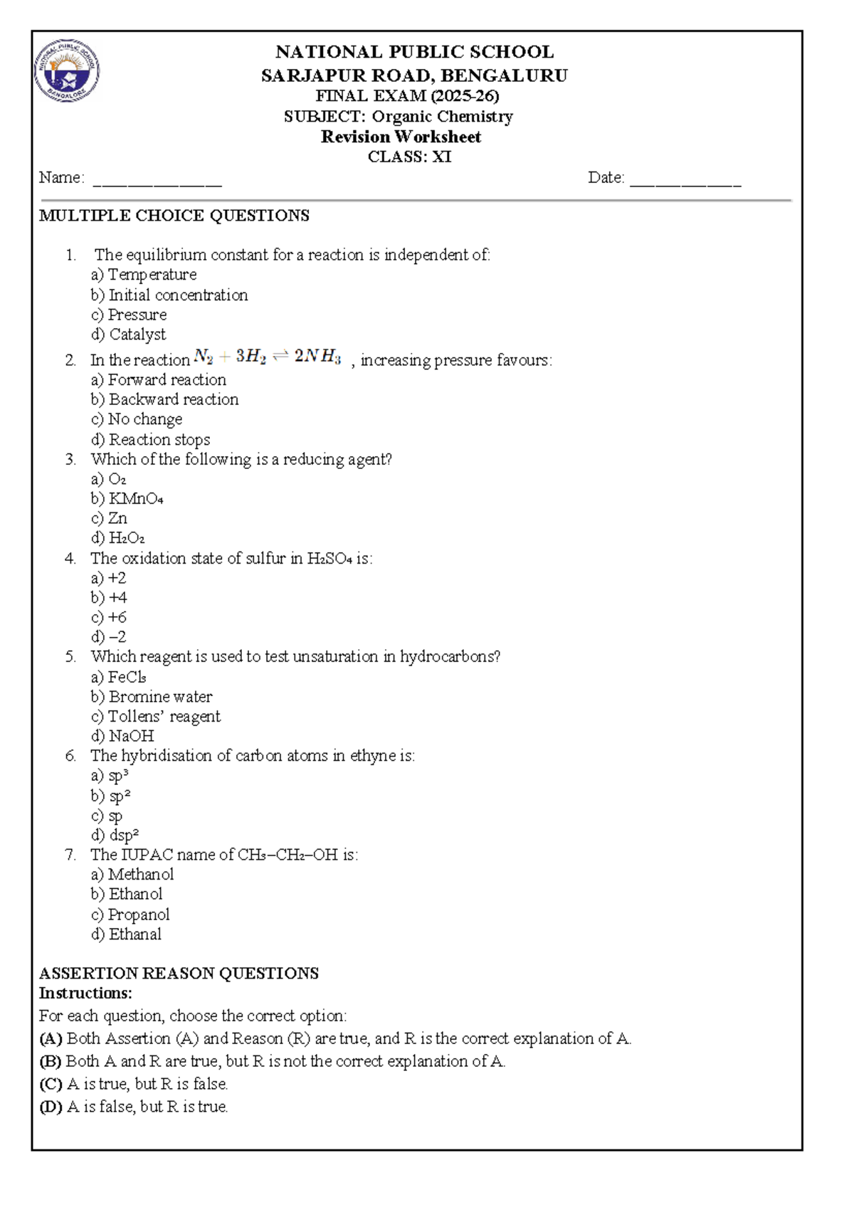 Organic Chemistry Revision Worksheet - Class XI Final Exam (G11) - Studocu