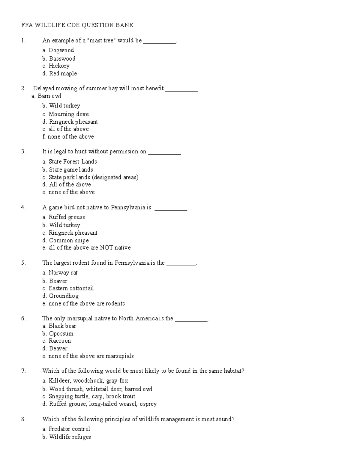FFA Wildlife CDE Question Bank (PA) - 2005 Edition - Studocu