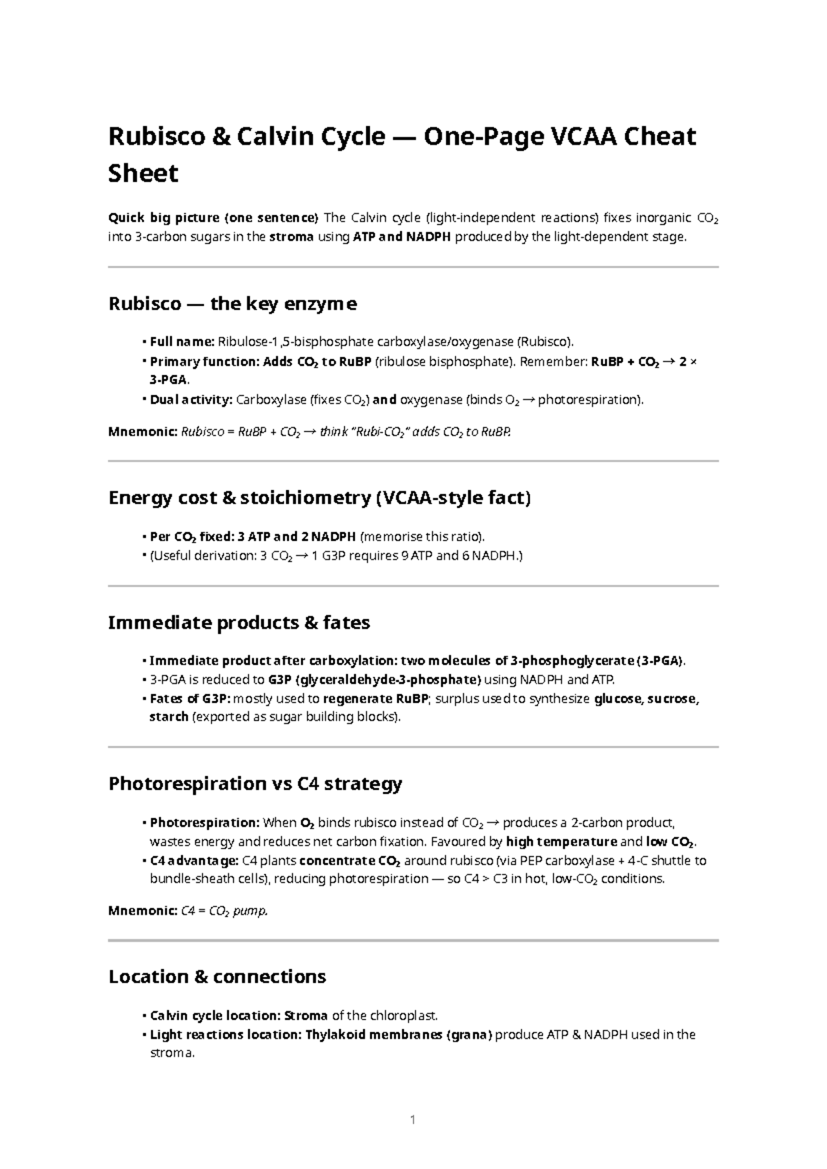 Rubisco & Calvin Cycle VCAA Cheat Sheet: Key Concepts & Mnemonics - Studocu