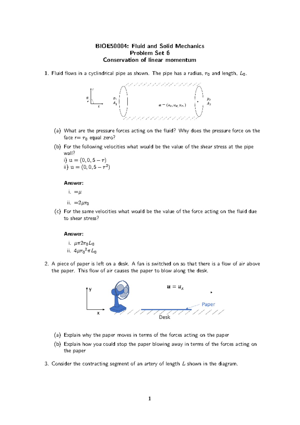 BIOE50004: Fluid Mechanics Problem Set 6 - Conservation of Momentum ...