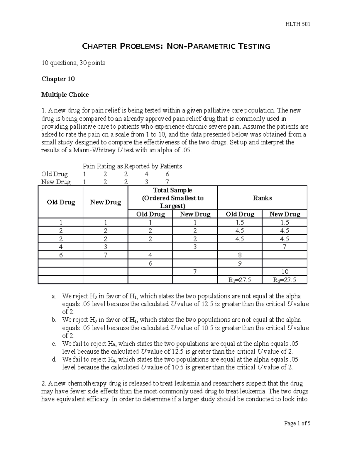 Chapter Problems: Non-Parametric Testing Analysis (Stat 101) - Studocu