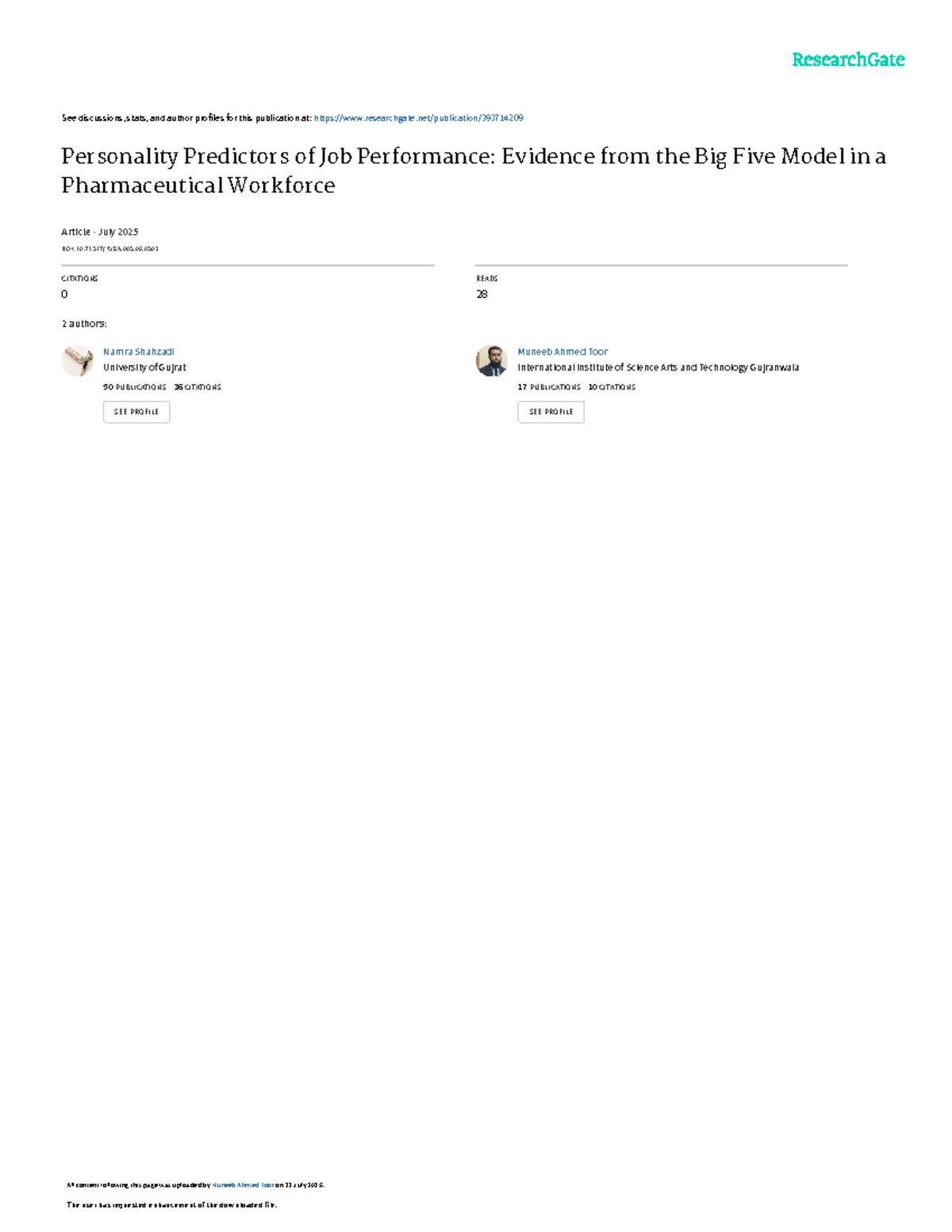 Personality Predictors of Job Performance in Pharma Workforce: Evidence ...