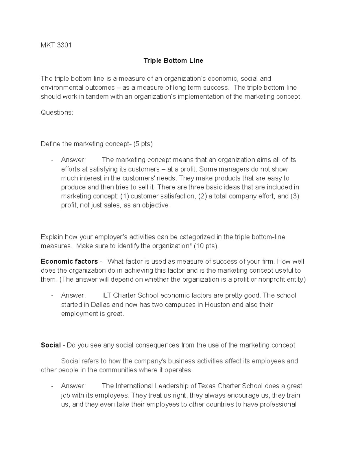 Assignment 1 - Triple Bottom Line - MKT 3301 Triple Bottom Line The ...