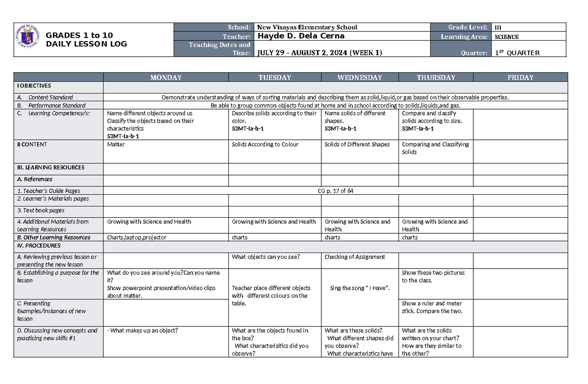 Daily Lesson Log: Science 3 Q1 W1 - Sorting Solids, Liquids, Gases ...
