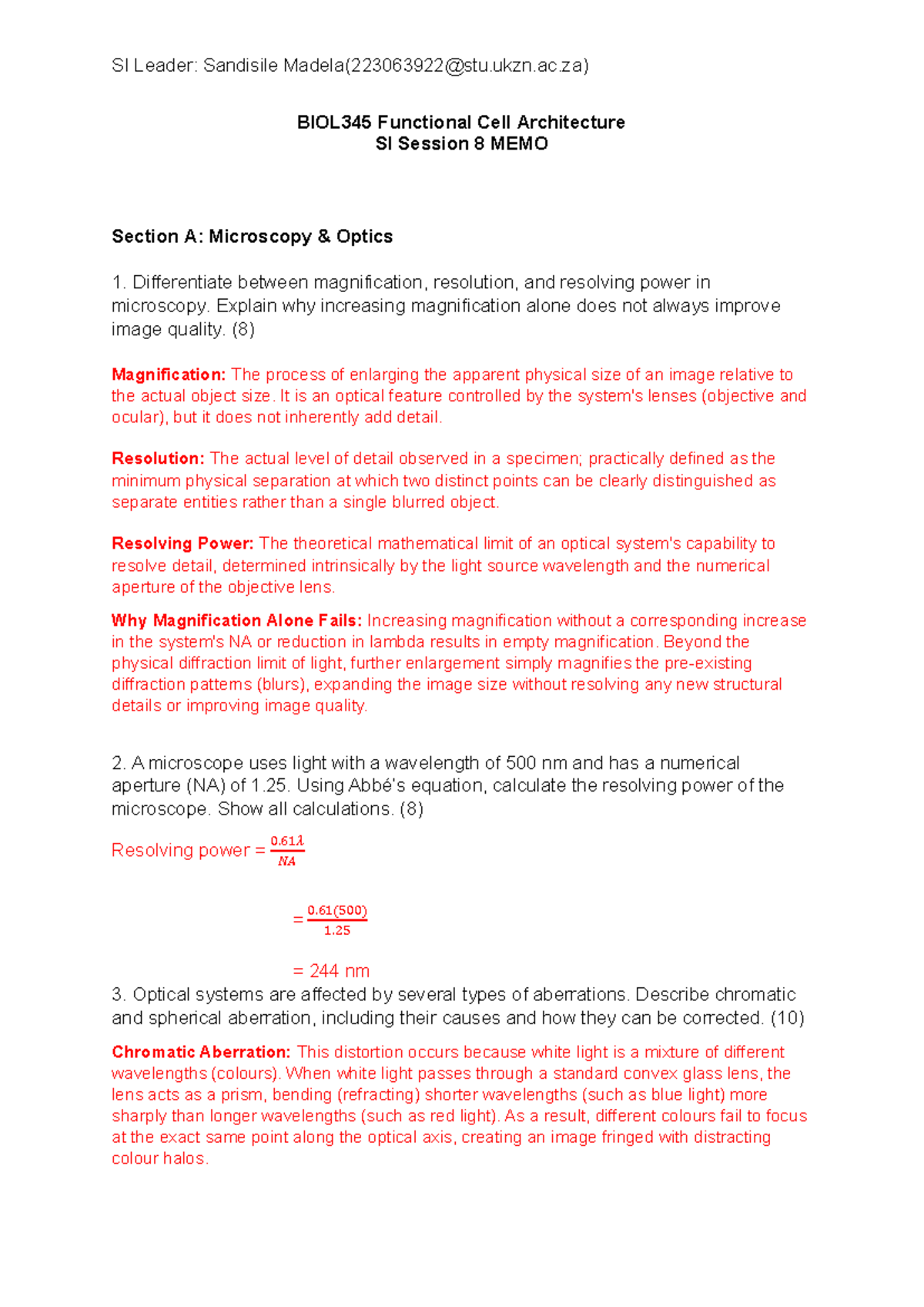 BIOL345 SI Session 8 Memo: Microscopy, Electron Microscopy & Nuclear ...