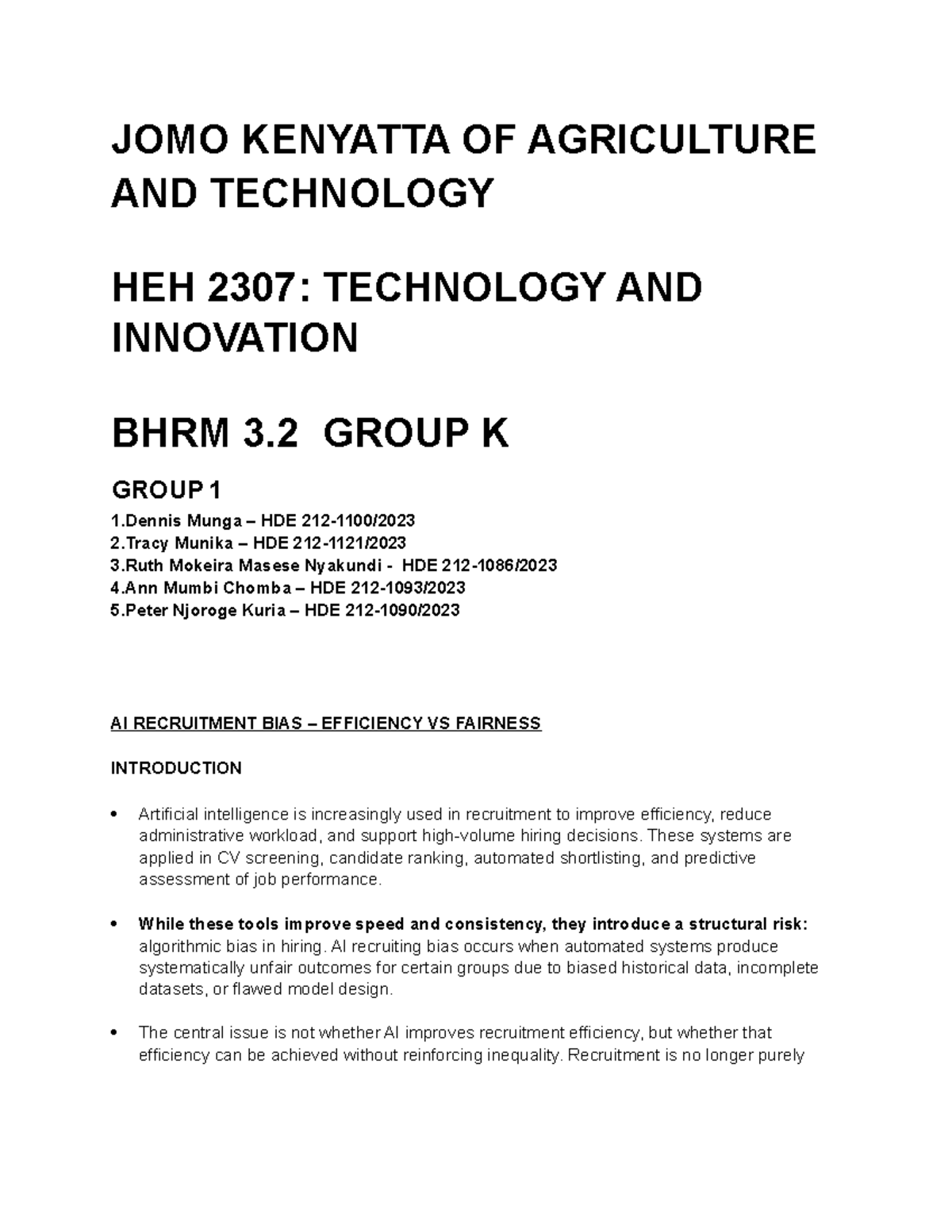AI Recruitment Bias: Efficiency vs Fairness - HEH 2307 Group 1 Report ...