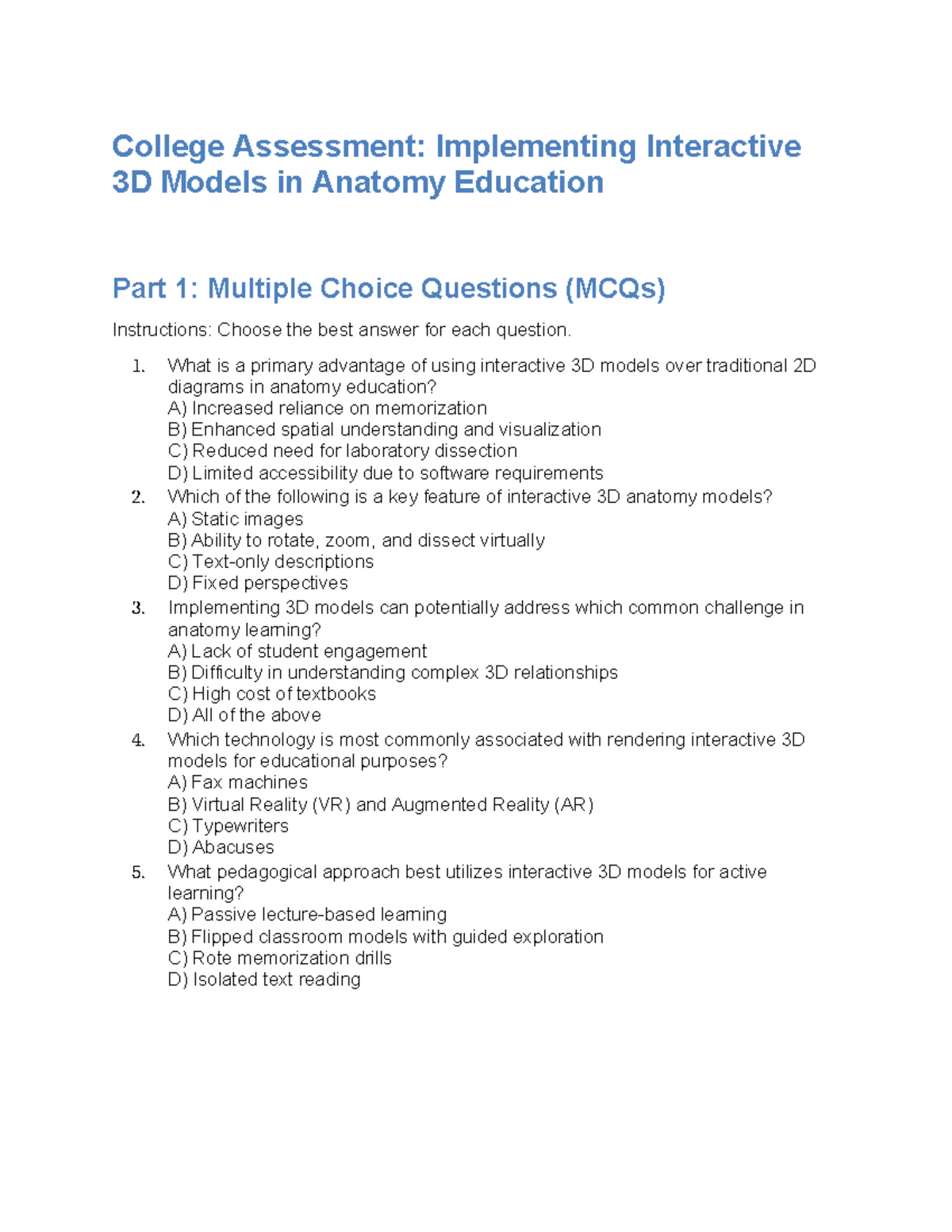 Anatomy Education Assessment: Implementing Interactive 3D Models - Studocu